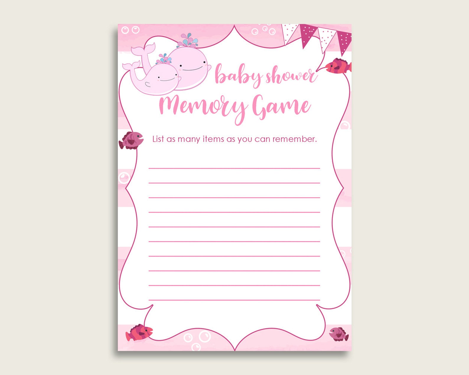 Memory Game Baby Shower Memory Game Pink Whale Baby Shower Memory Game ...