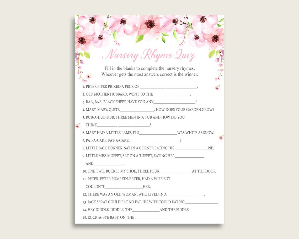 Flower Blush Nursery Rhyme Quiz Printable, Pink Green Nursery Rhyme ...