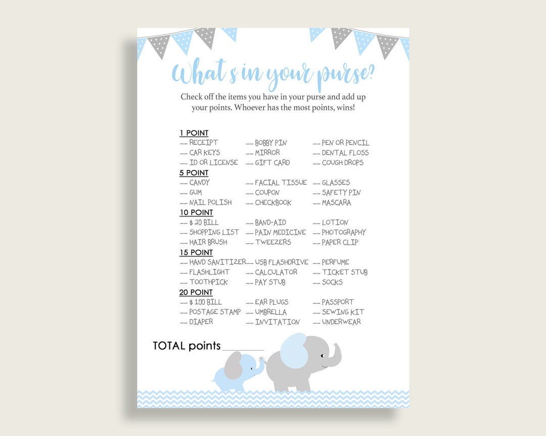 Elephant What's in Your Purse Game Printable, Blue Grey Whats in Your ...