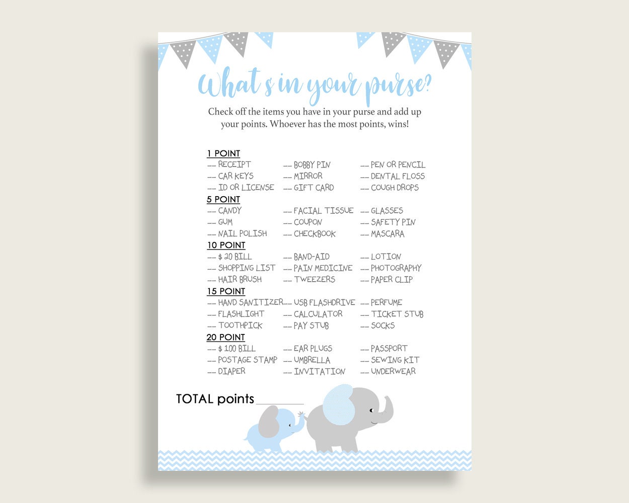 Elephant What's In Your Purse Game Printable Blue Grey | Etsy