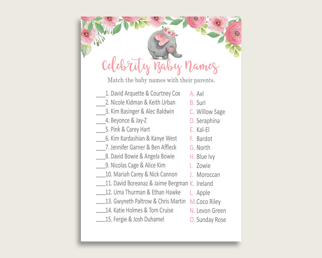 Pink Grey Celebrity Baby Names Pink Elephant Baby Shower Girl - Etsy