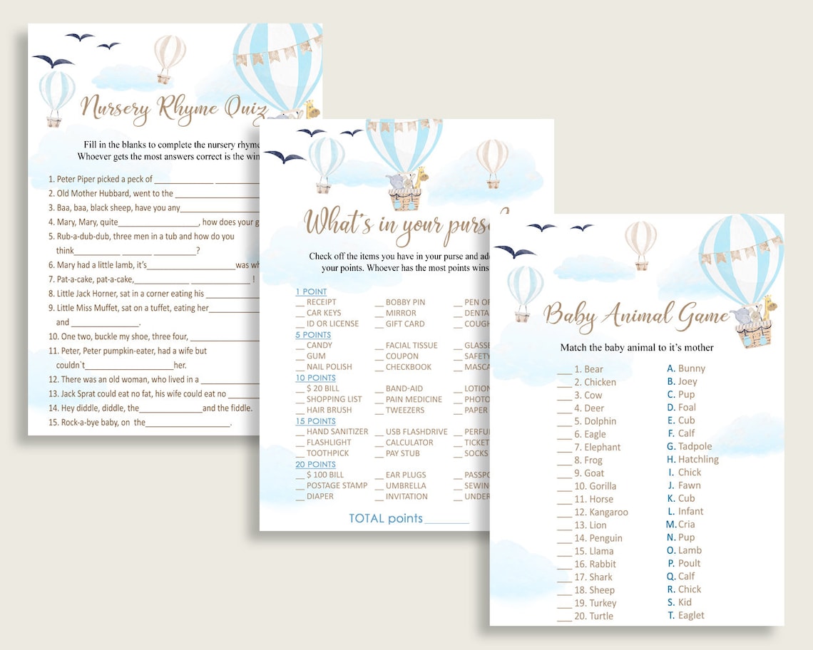 Hot Air Balloon Baby Shower Games Printable Pack Blue White - Etsy