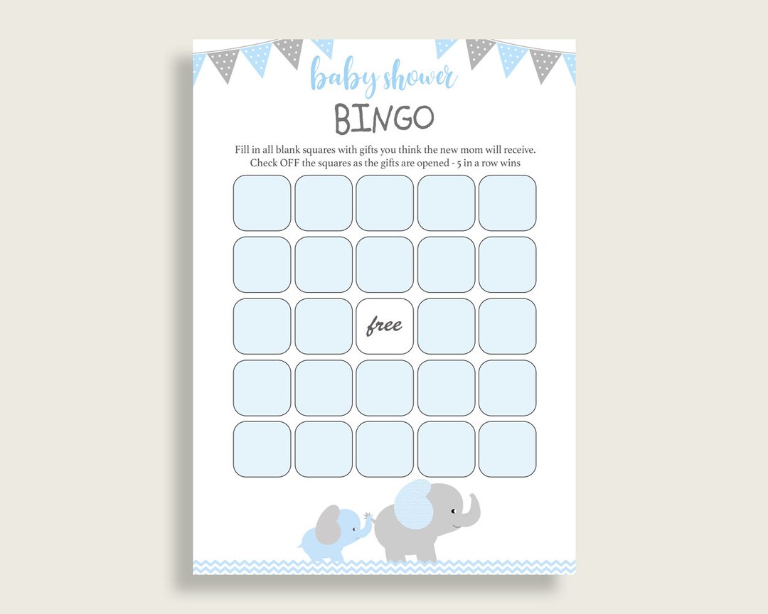 Blue Grey Baby Shower Bingo Blank Game Printable, Elephant Baby Shower ...