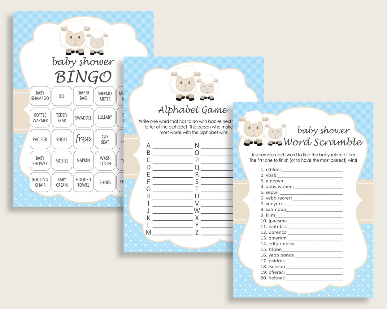 Little Lamb Baby Shower Games Printable Pack, Blue White Baby Shower ...