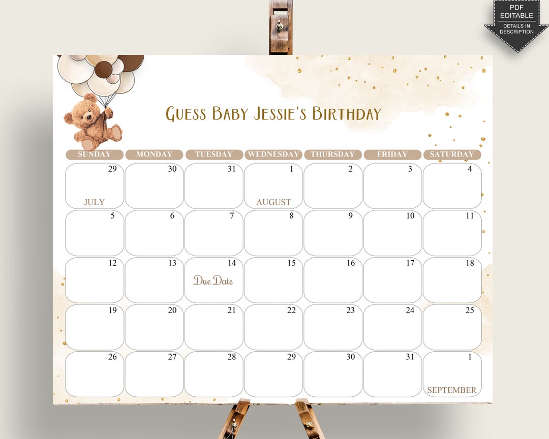 Teddy Bear Due Date Calendar Editable, Gender Neutral Baby Shower ...