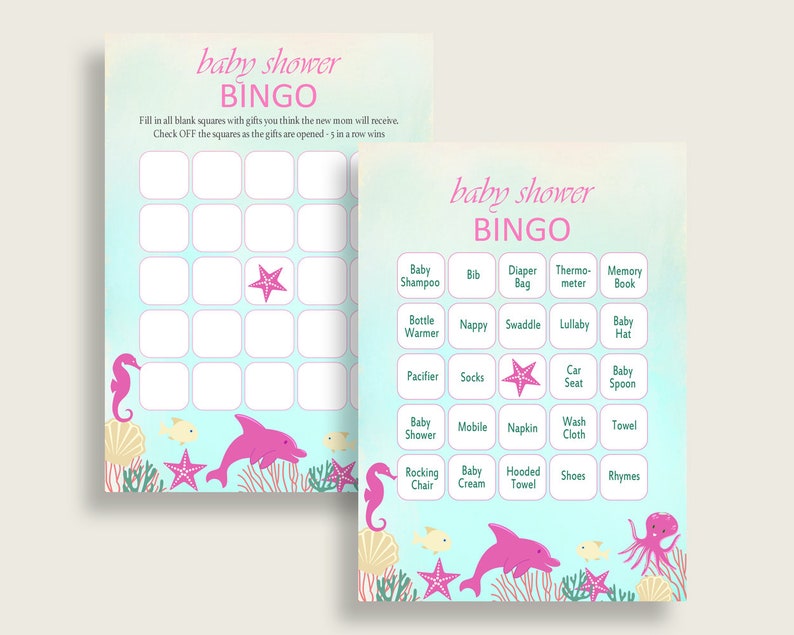 Under the Sea Baby Shower Bingo Cards Printable, Pink Green Baby Shower ...