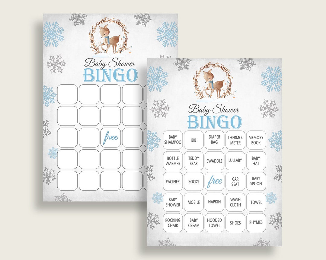 Winter Deer Baby Shower Bingo Cards Printable, Gray Blue Baby Shower ...