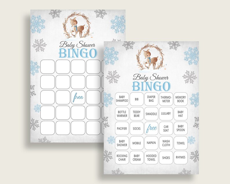 Winter Deer Baby Shower Bingo Cards Printable, Gray Blue Baby Shower ...
