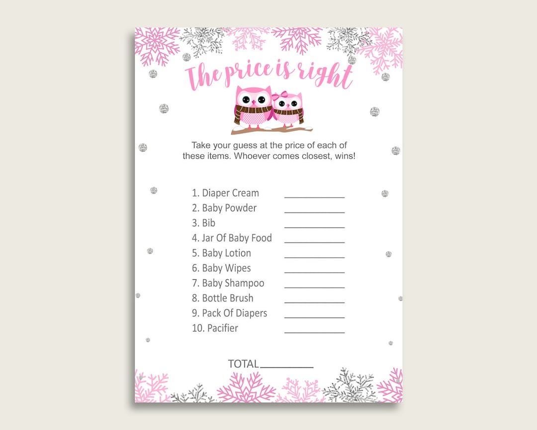 Pink Gray the Price is Right Game, Winter Owl Baby Shower Girl Activity ...