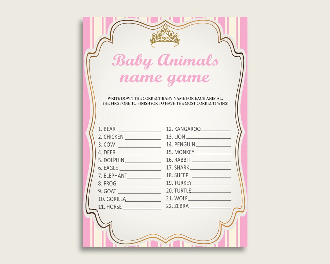 Royal Princess Name the Baby Animals Game Printable, Pink Gold Baby ...