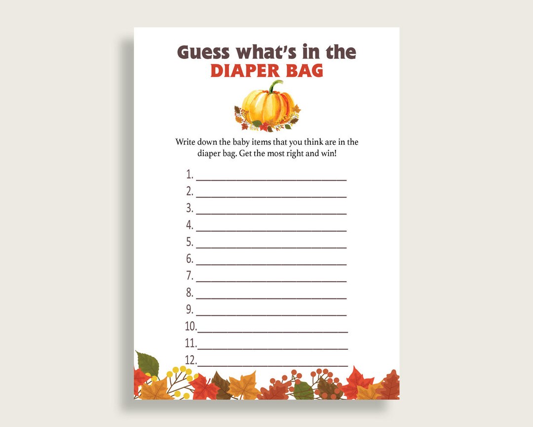 Fall Guess What's in the Diaper Bag Game, Gender Neutral Baby Shower ...