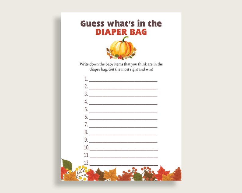 Fall Guess What's in the Diaper Bag Game, Gender Neutral Baby Shower ...