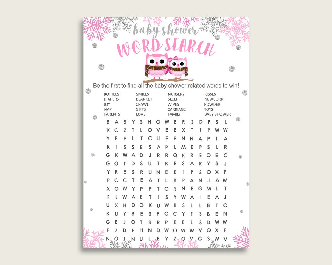 Winter Owl Word Search Game, Pink Gray Baby Shower Word Search Cards ...
