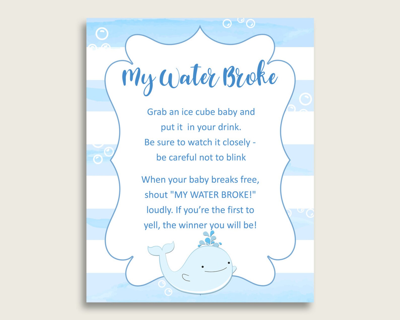 Whale Baby Shower My Water Broke Game Printable, Blue White Ice Cube ...
