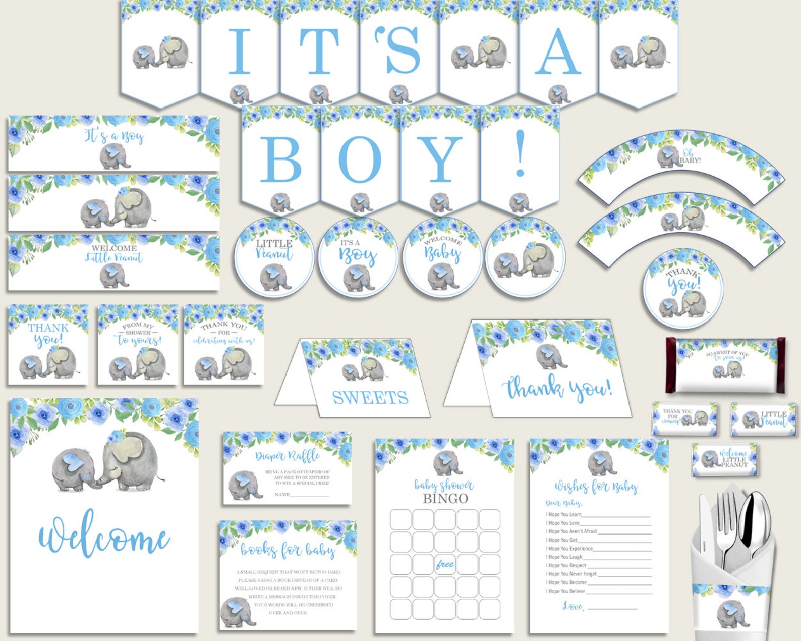 Blue Gray Baby Shower Decorations Boy Kit Elephant Blue Baby - Etsy