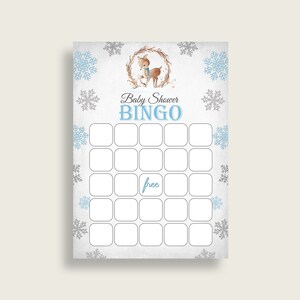 Winter Deer Baby Shower Bingo Cards Printable, Gray Blue Baby Shower ...