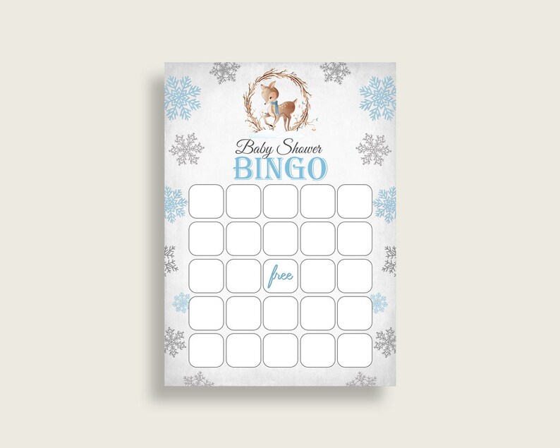 Winter Deer Baby Shower Bingo Cards Printable, Gray Blue Baby Shower ...