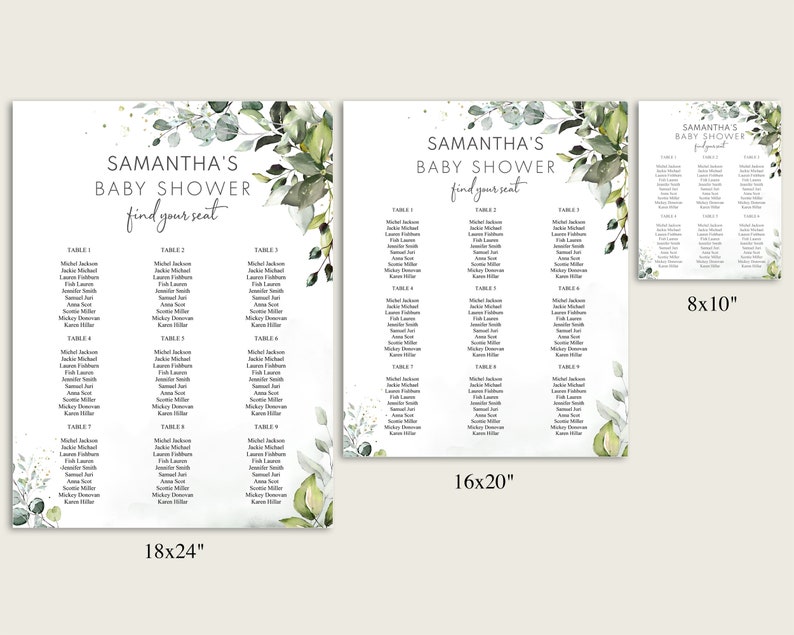 Green White Table Seating Chart Sign Printable, Seating Chart Board ...