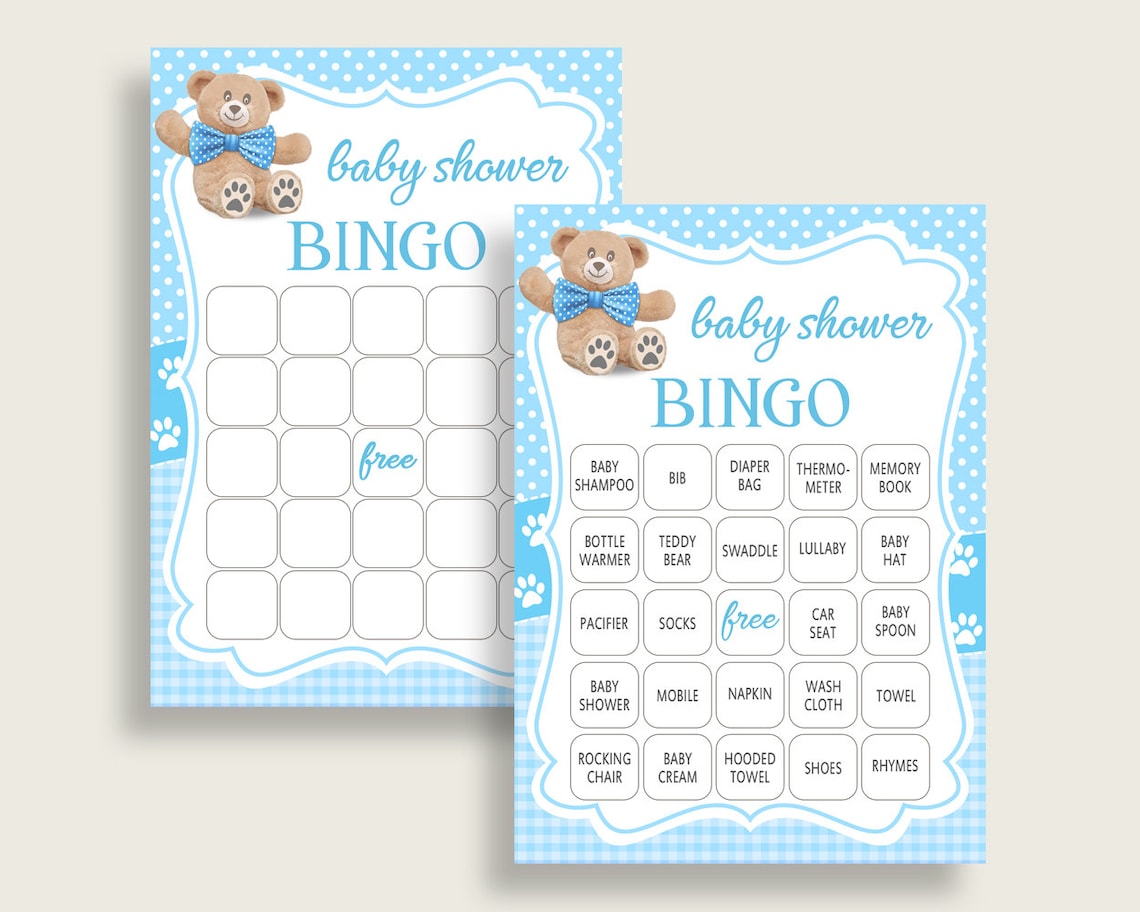 Teddy Bear Baby Shower Bingo Cards Printable, Blue Brown Baby Shower ...