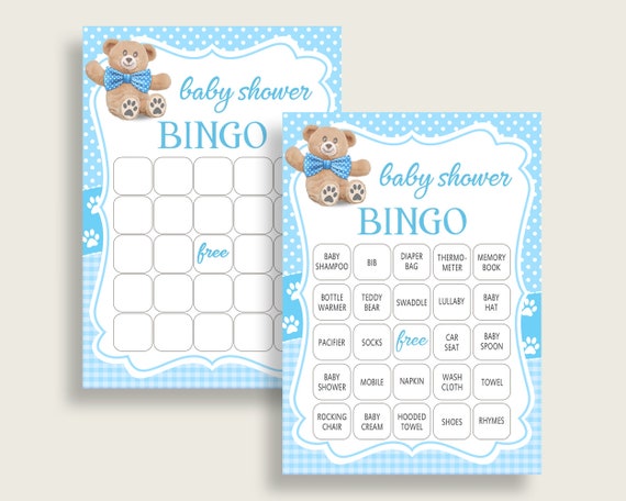 Teddy Bear Baby Shower Bingo Cards Printable, Blue Brown Baby Shower ...