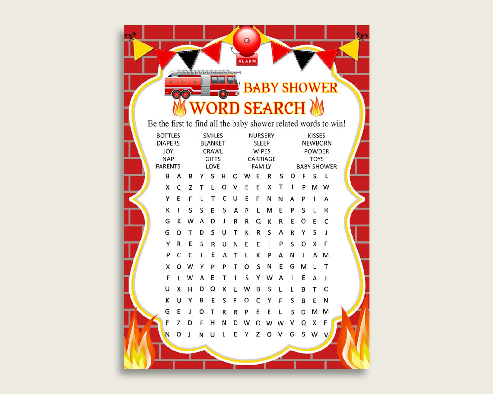 Firetruck Word Search Game, Red Yellow Baby Shower Word Search Cards ...