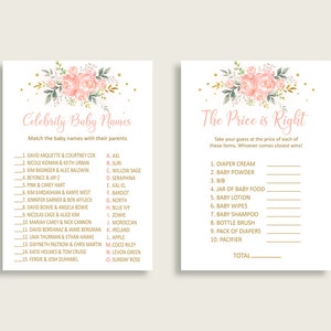 Peach Floral Baby Shower Games Printable Pack, Pink Gold Baby Shower ...