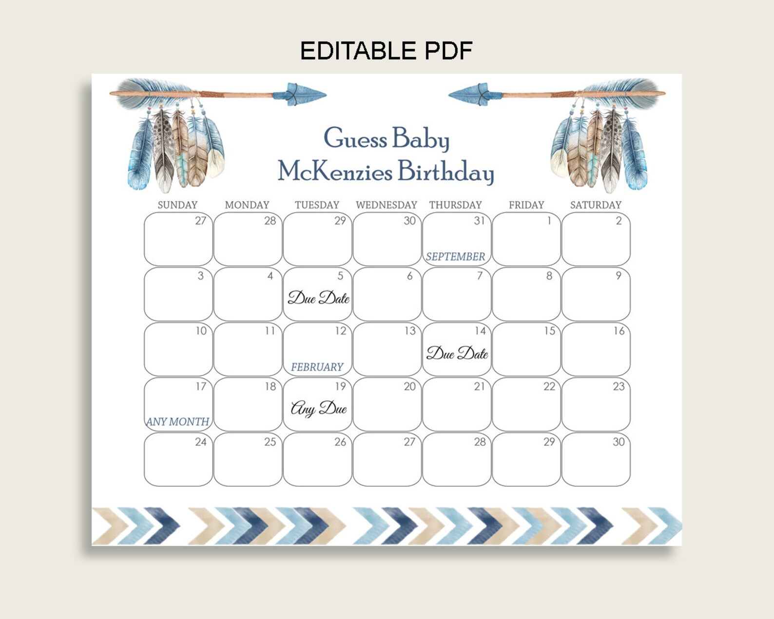 Blue Beige Guess Baby Due Date Calendar Game Printable Tribal | Etsy