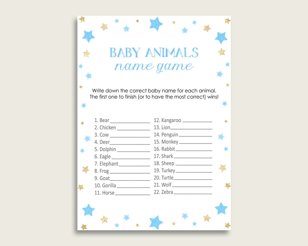 Stars Name the Baby Animals Game Printable, Blue Gold Baby Shower ...