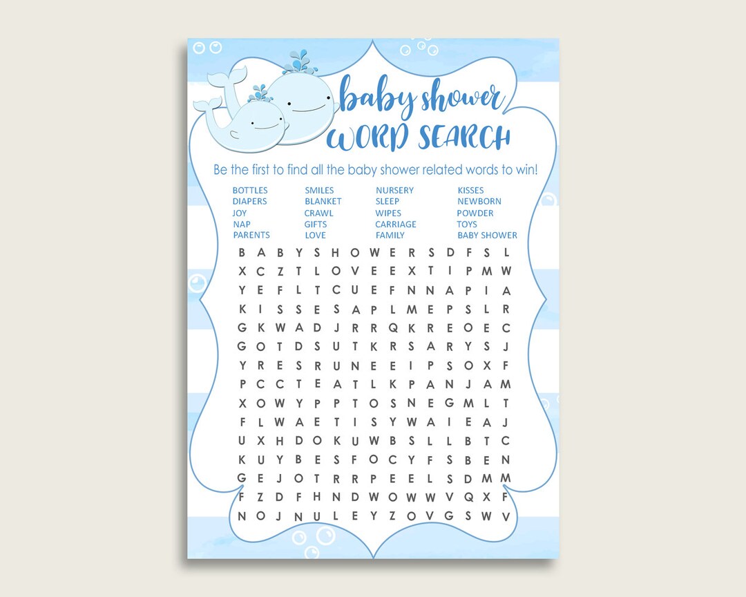 Whale Word Search Game, Blue White Baby Shower Word Search Cards ...