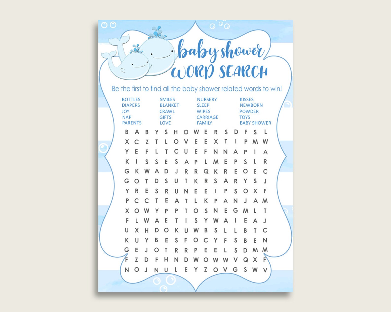 Whale Word Search Game Blue White Baby Shower Word Search - Etsy