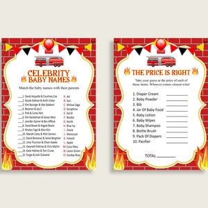 Firetruck Baby Shower Games Printable Pack, Red Yellow Baby Shower ...
