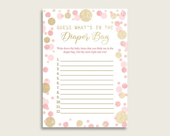 Dots Guess What's In The Diaper Bag Game, Girl Baby Shower Pink Gold ...