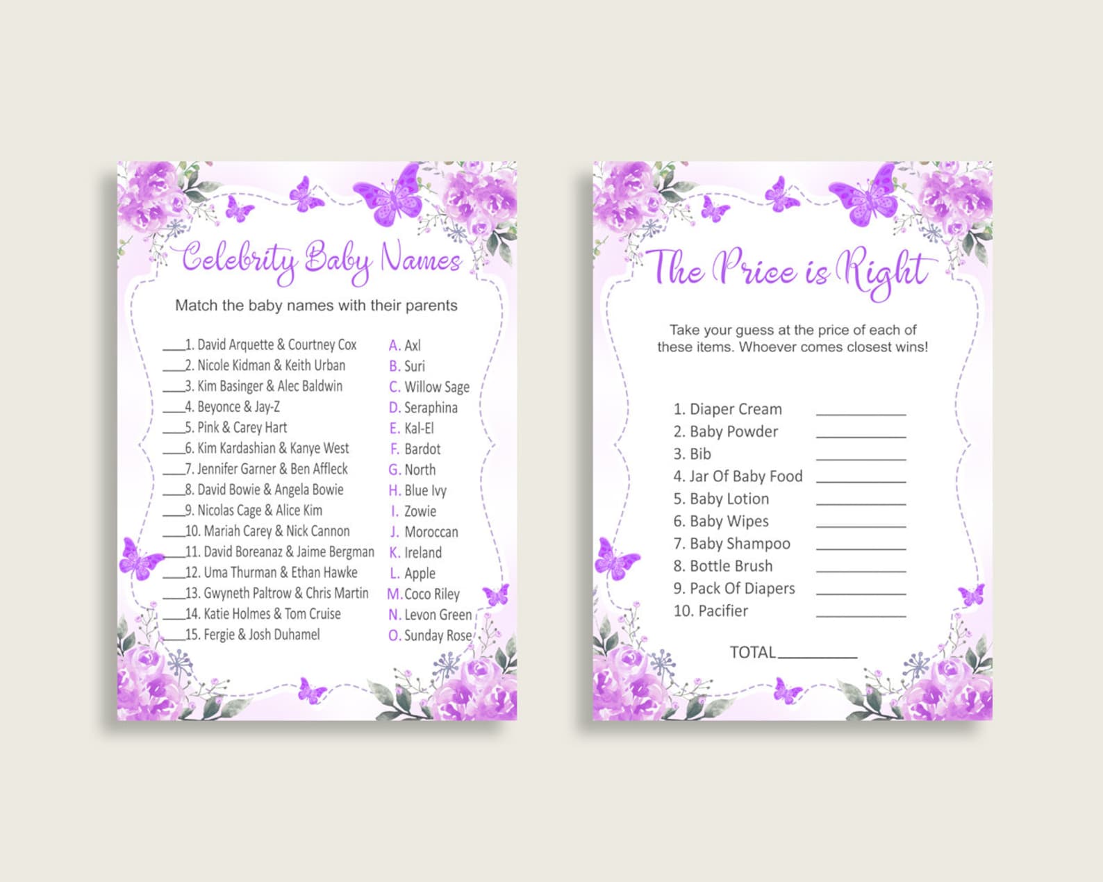 Butterfly Baby Shower Games Printable Pack, Purple White Baby Shower ...