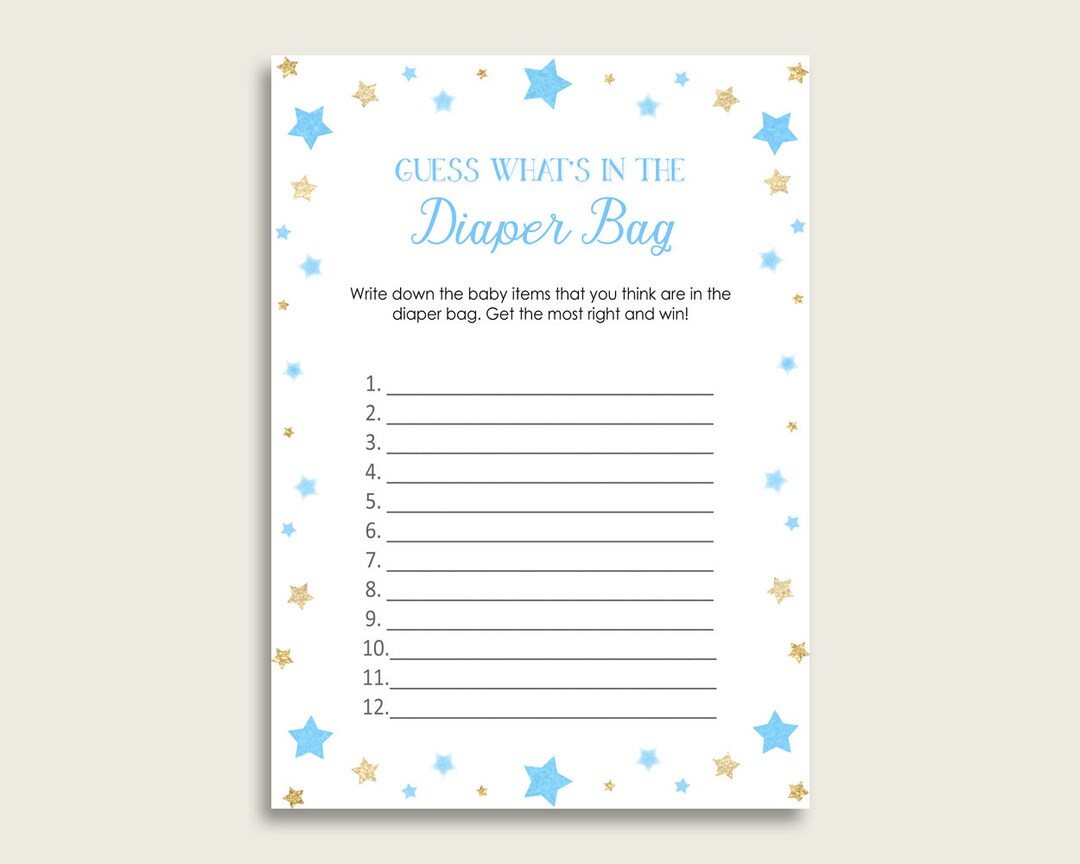 Stars Guess What's in the Diaper Bag Game, Boy Baby Shower Blue Gold ...