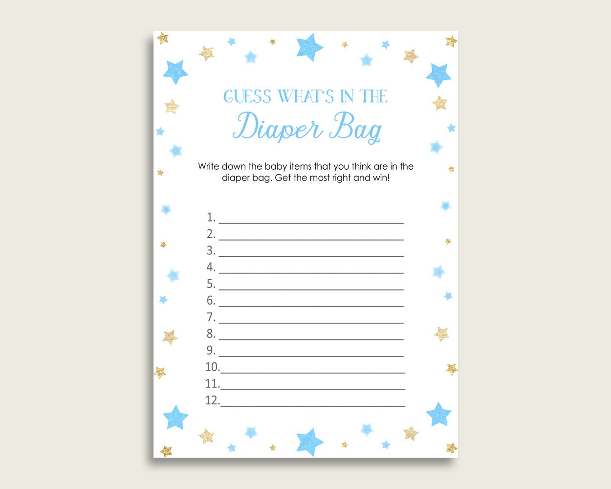 Stars Guess What's in the Diaper Bag Game, Boy Baby Shower Blue Gold ...