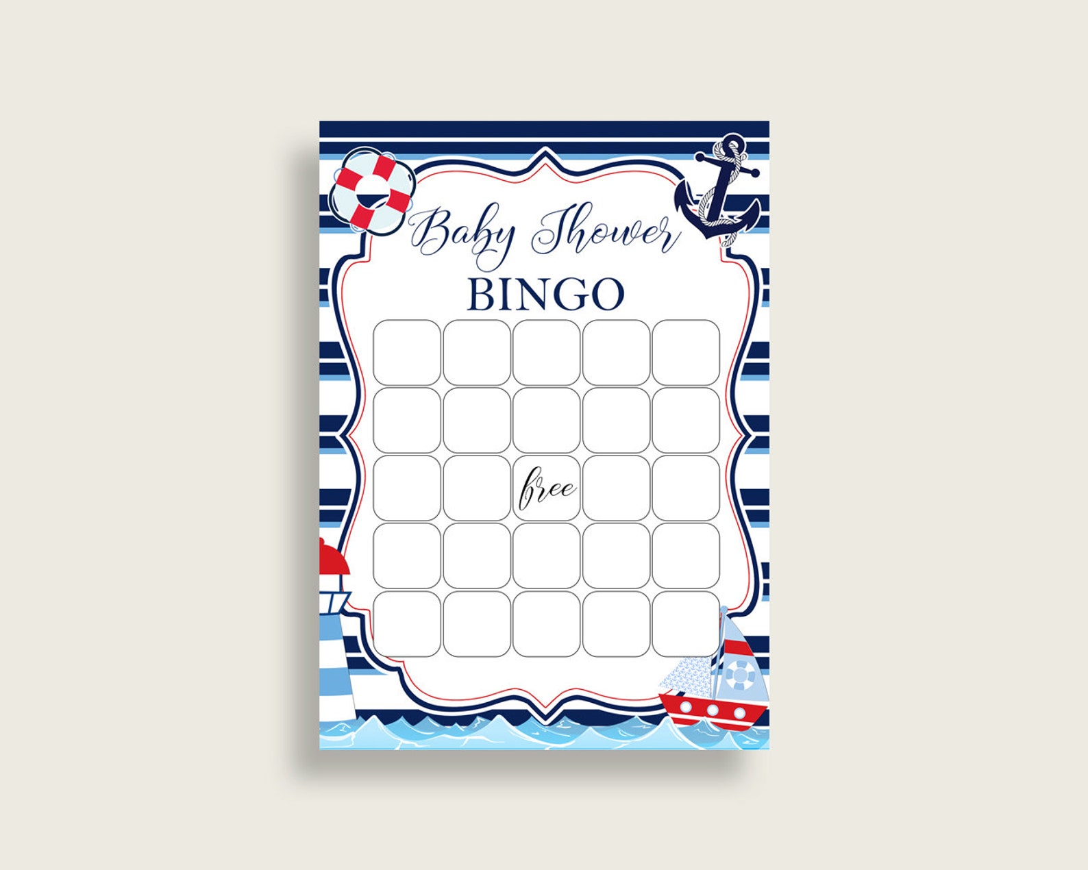 Nautical Baby Shower Bingo Cards Printable Blue Red Baby | Etsy