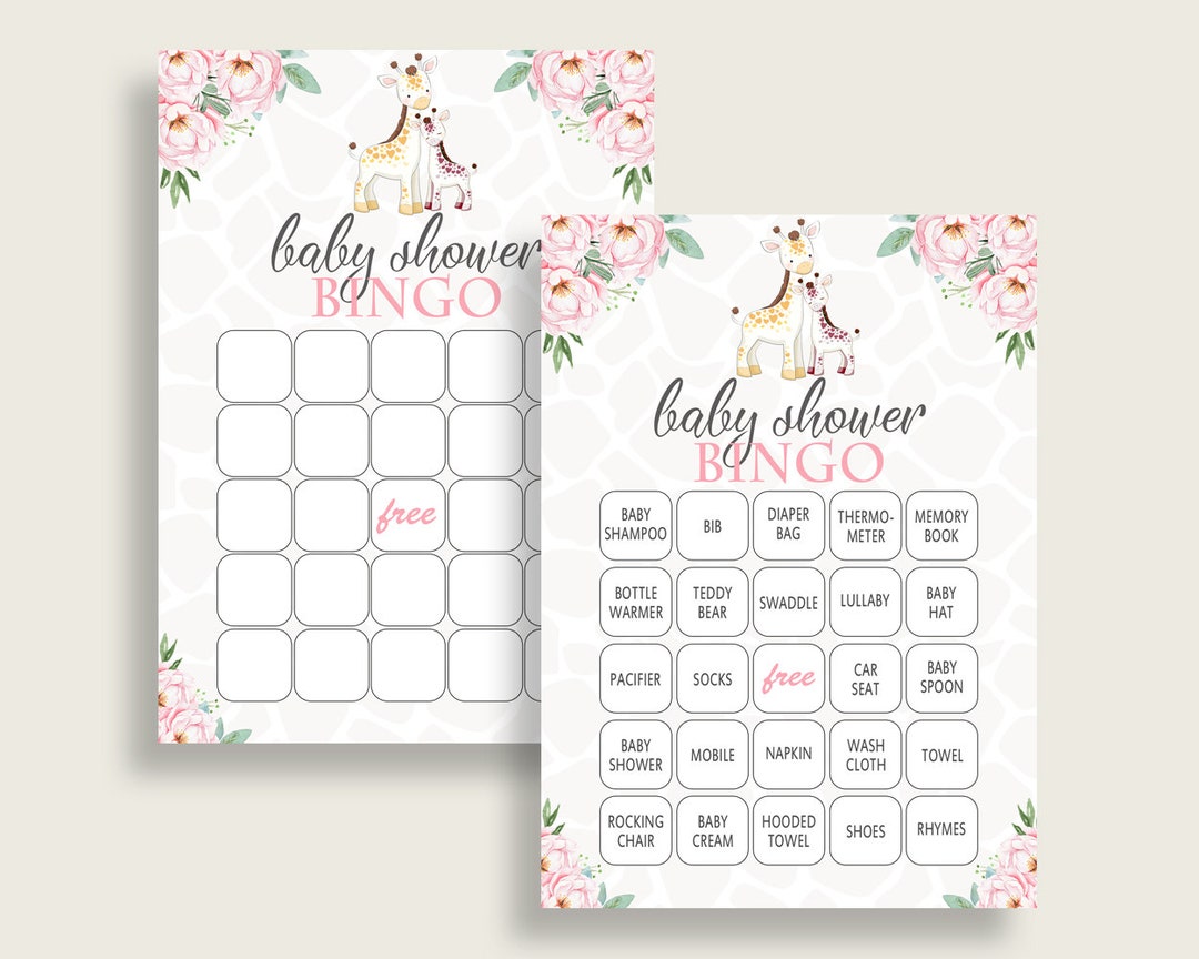 Giraffe Baby Shower Bingo Cards Printable, Pink Yellow Baby Shower Girl ...