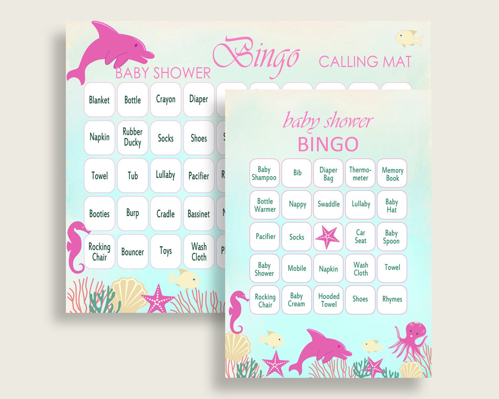 Under the Sea Baby Shower Bingo Cards Printable Pink Green | Etsy