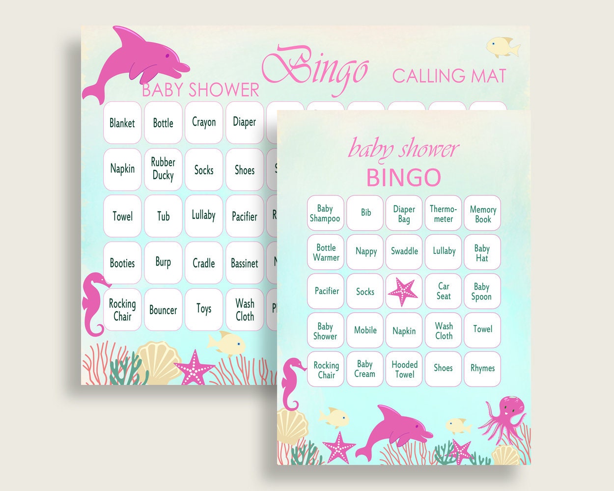 Under the Sea Baby Shower Bingo Cards Printable Pink Green | Etsy