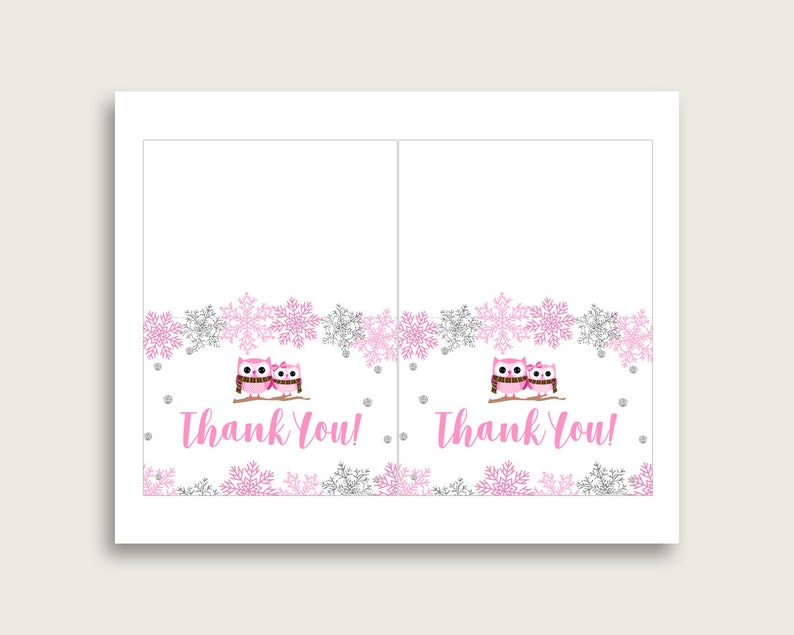 Pink Gray Thank You Cards Printable, Winter Owl Baby Shower Thank You ...