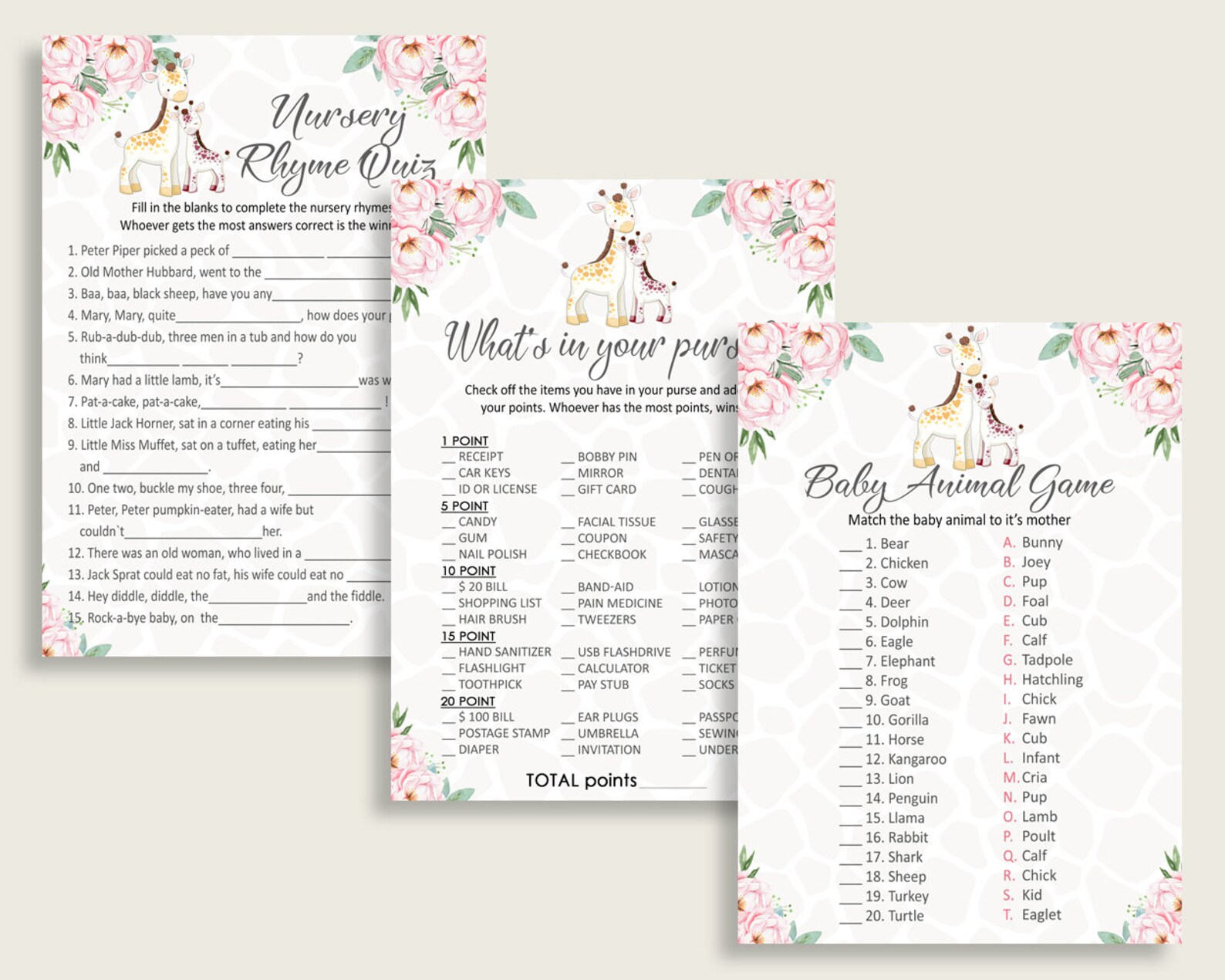 Giraffe Baby Shower Games Printable Pack, Pink Yellow Baby Shower Games ...