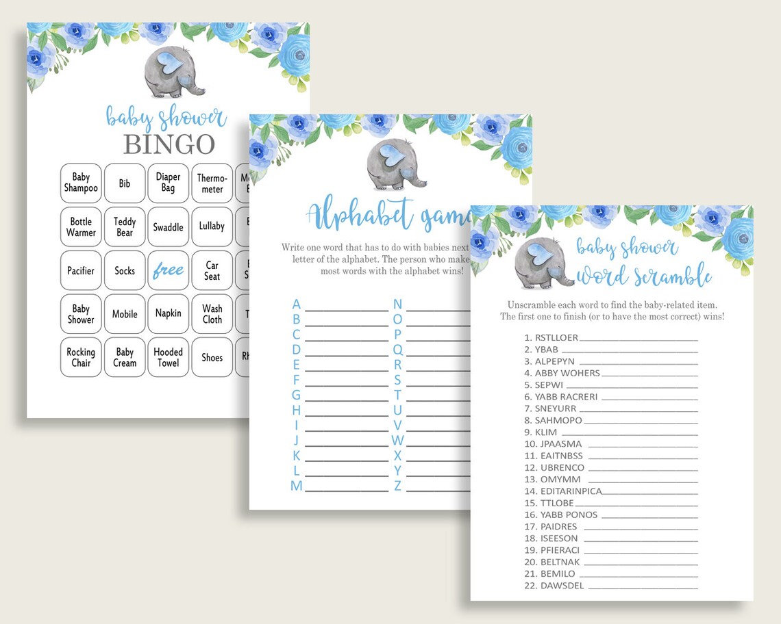 Elephant Blue Baby Shower Games Printable Pack Blue Gray Baby - Etsy