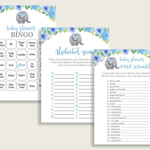 Elephant Blue Baby Shower Games Printable Pack, Blue Gray Baby Shower ...