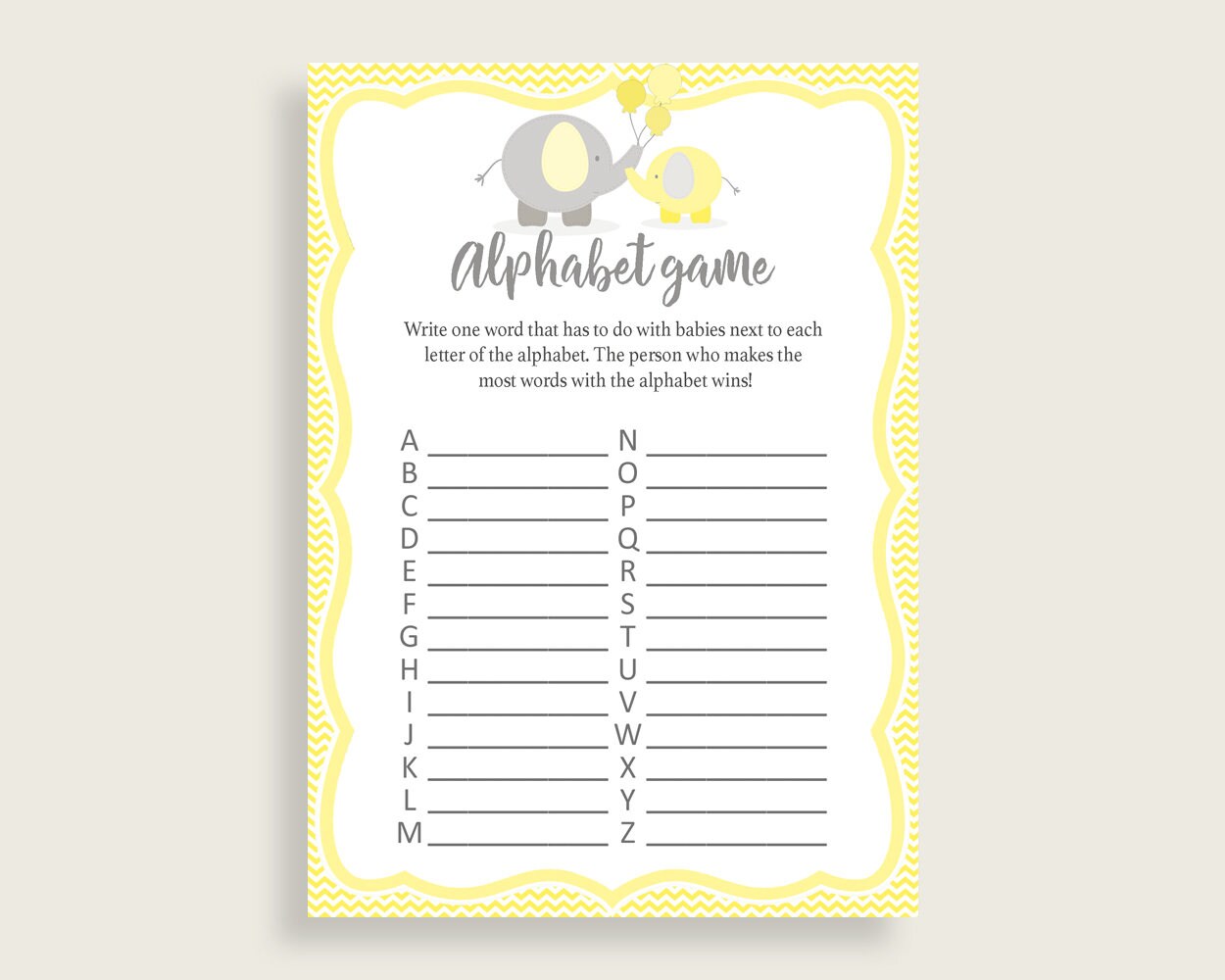 Alphabet Game Baby Shower Abc Game Yellow Elephant Baby Shower Alphabet ...