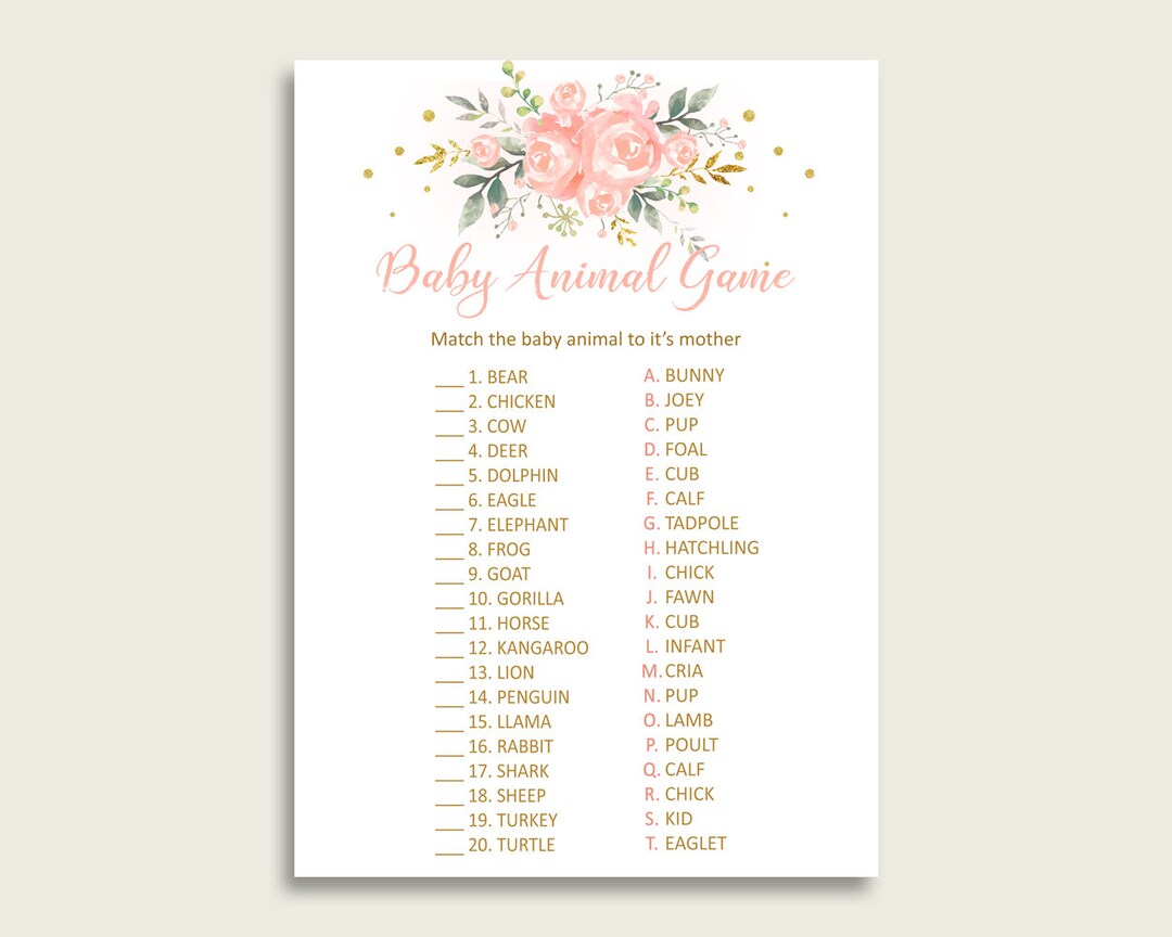 Peach Floral Name the Baby Animals Game Printable, Pink Gold Baby ...