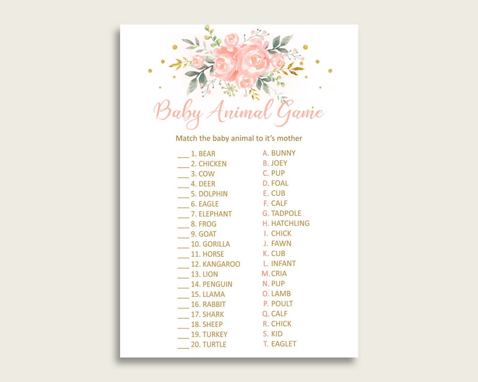 Peach Floral Name the Baby Animals Game Printable, Pink Gold Baby ...