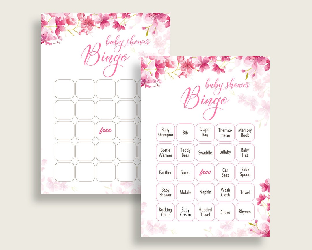 Cherry Blossom Baby Shower Bingo Cards Printable, Pink White Baby ...