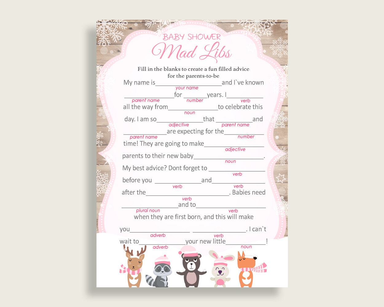 Mad Libs Baby Shower Mad Libs Forest Girl Baby Shower Mad Libs | Etsy