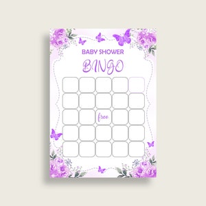 Butterfly Baby Shower Bingo Cards Printable, Purple White Baby Shower ...