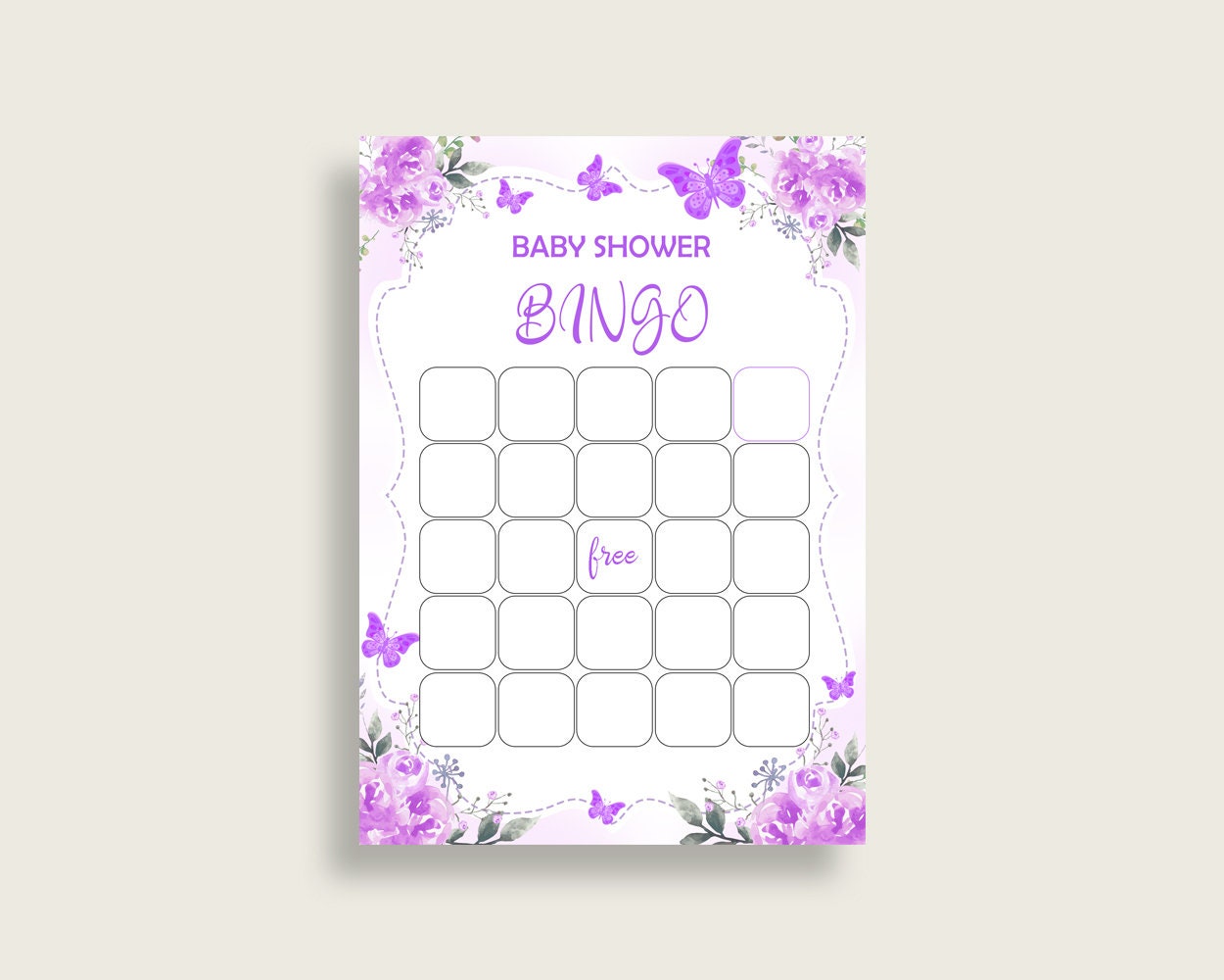Butterfly Baby Shower Bingo Cards Printable, Purple White Baby Shower ...